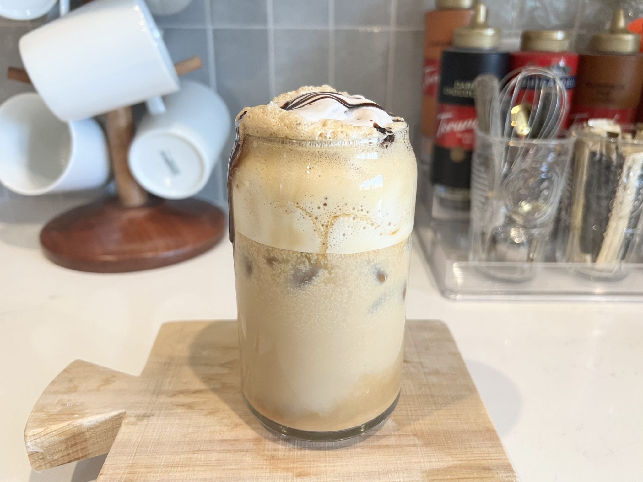 Iced Hazelnut Latte with Chocolate Hazelnut Cold Foam - What The Froth